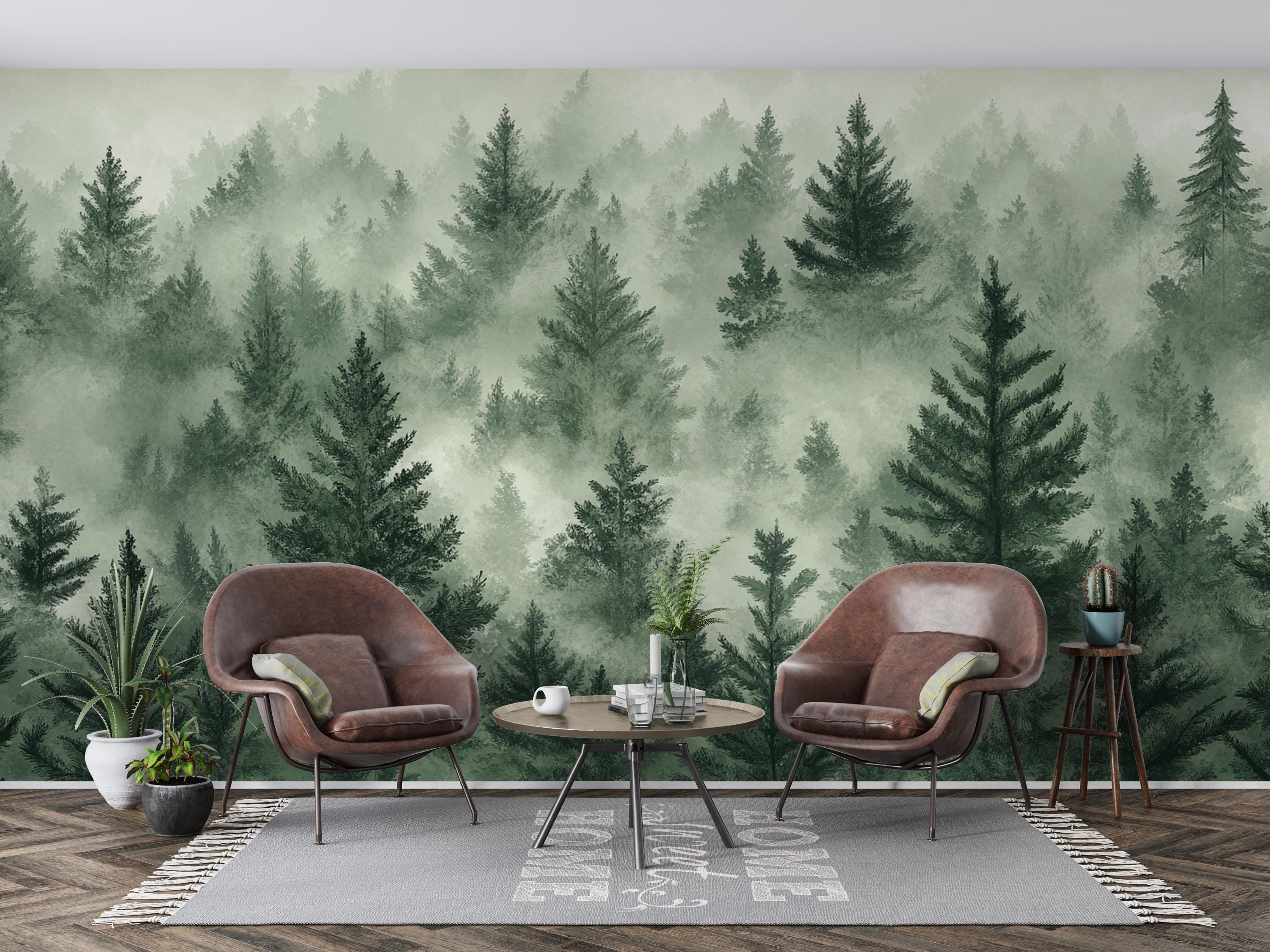 Emerald Pines Forest Mural | Dark Green Pine Tree Wallpaper | Misty ...