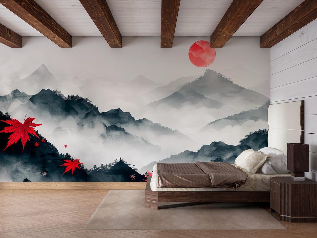 Crimson Mist Mountains | Japanese Ink Landscape Mural | Red Sun Asian ...