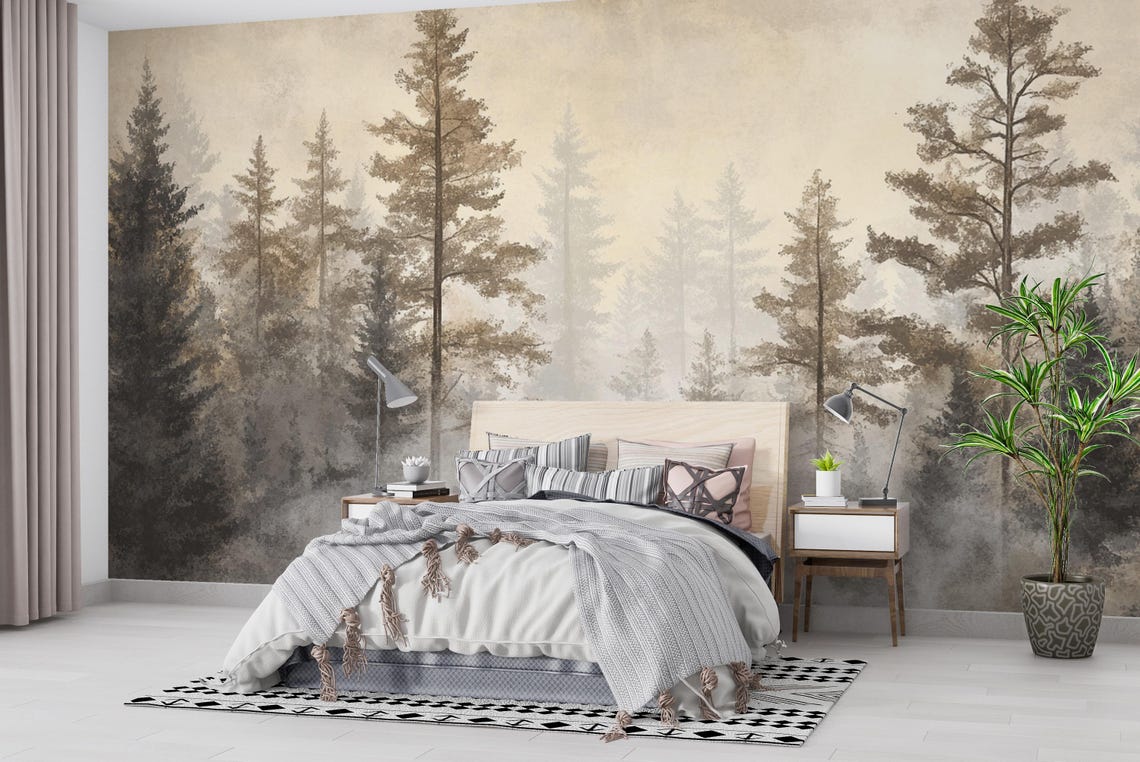 Rustic Woodland | Vintage Forest Mural | Golden Mist Wallpaper | Sepia ...