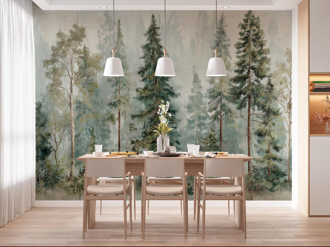 Evergreen Mist | Forest Landscape Wall Mural | Green Tree Peel and ...