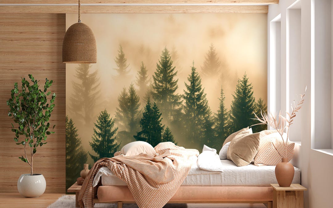 Golden Mist Pines | Foggy Forest Wall Mural | Nature Landscape ...