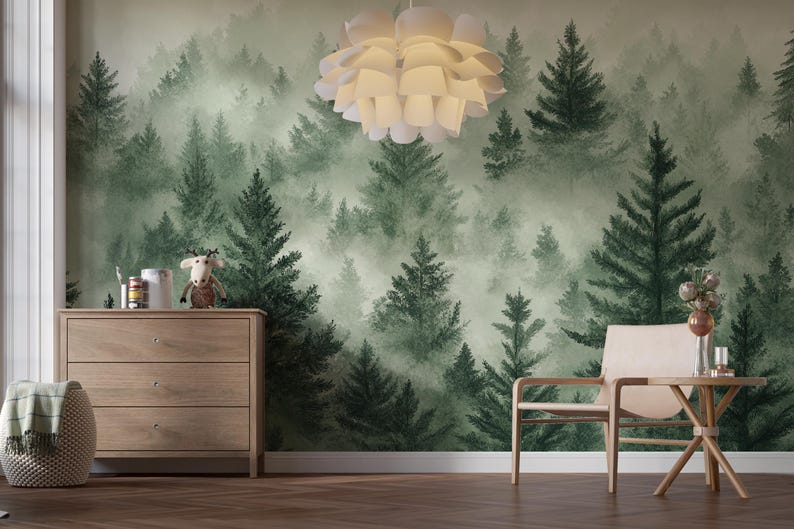 Emerald Pines Forest Mural | Dark Green Pine Tree Wallpaper | Misty ...