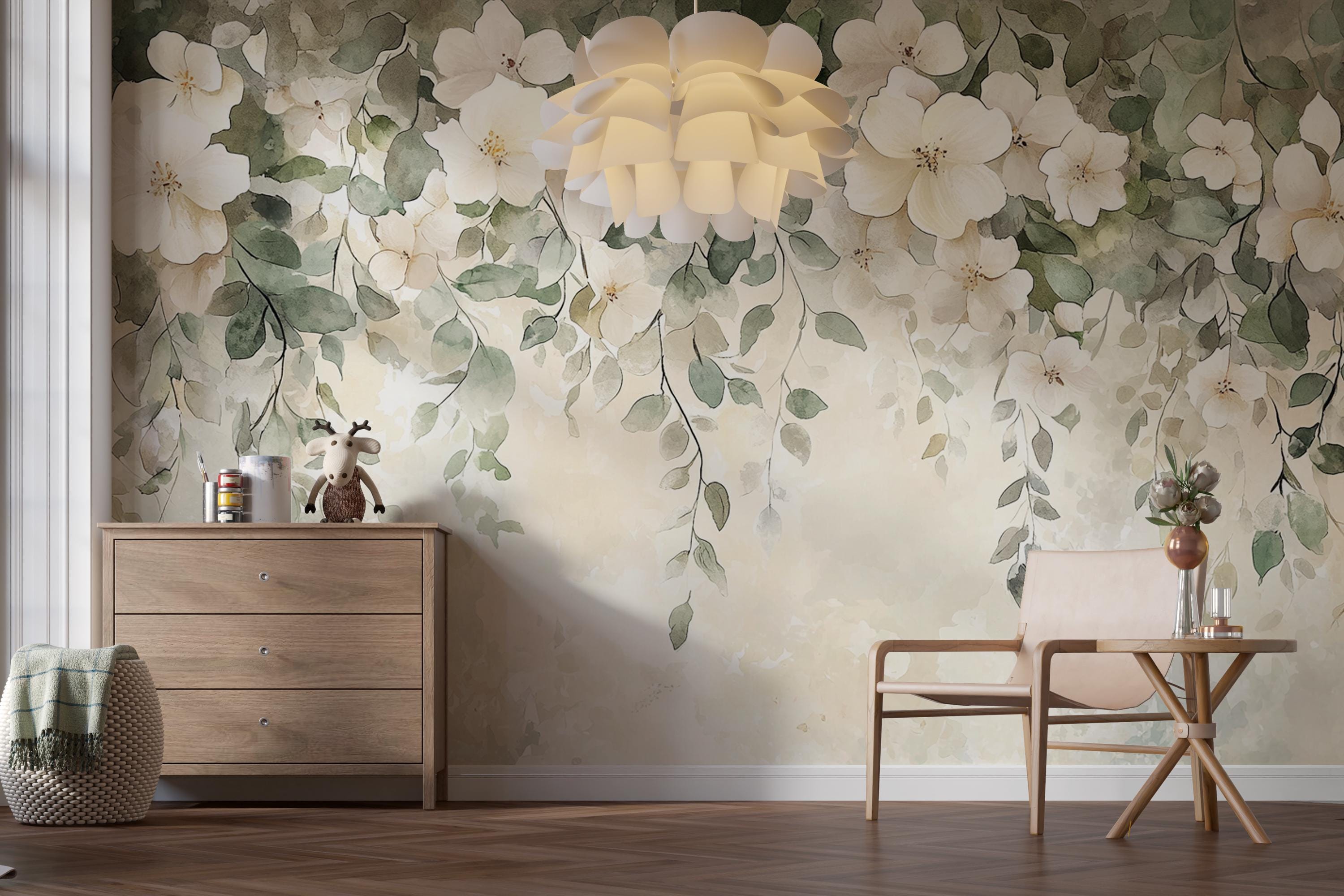 Ivory Garden Cascade Wall Mural | Watercolor Floral Wallpaper | Hanging ...