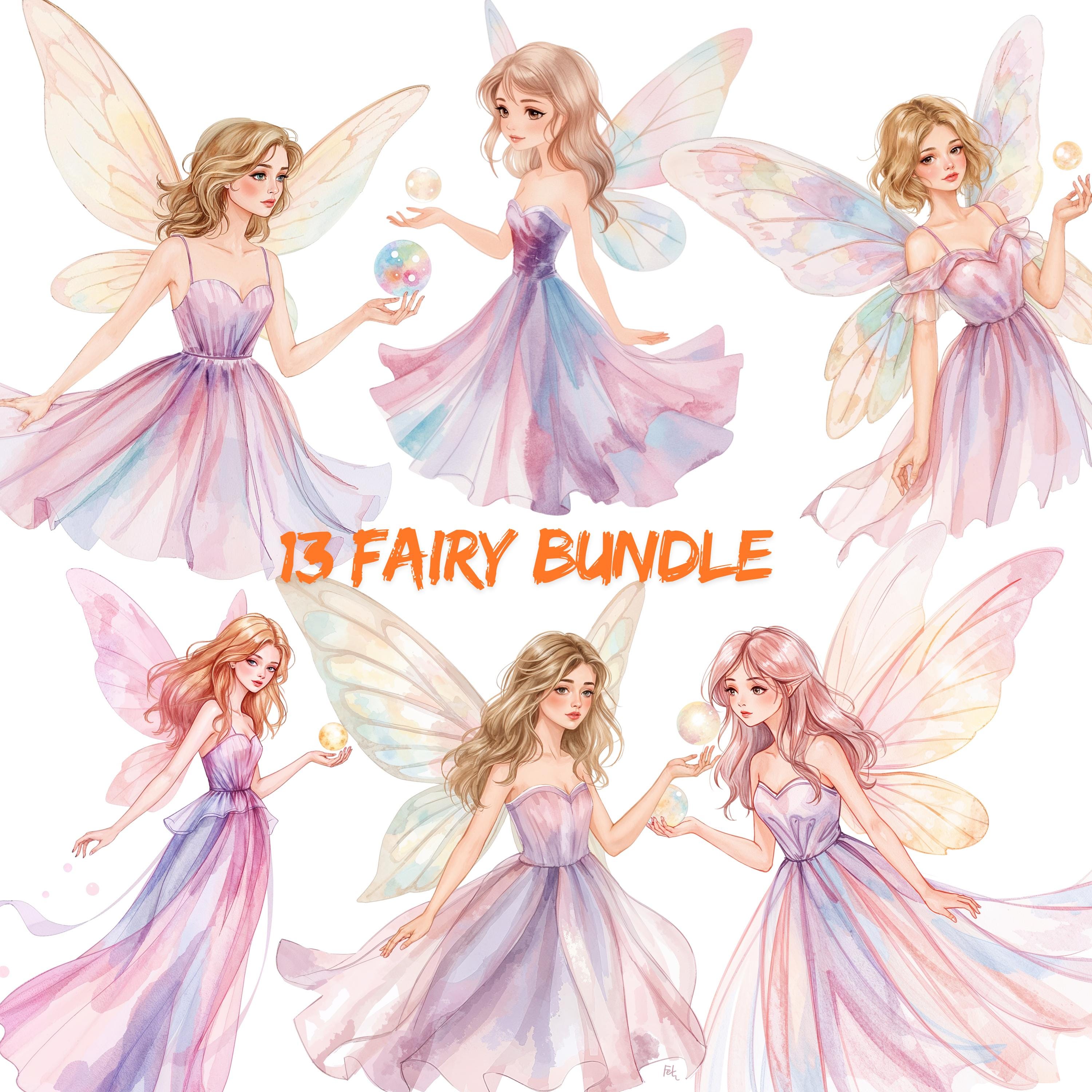 Pastel Watercolor Fairy Clipart Bundle: Fantasy PNG Images (digital ...