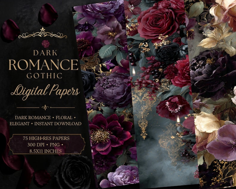 Gothic Digital Papers | Dark Romance PNG | Moody Floral Pattern | Dark ...