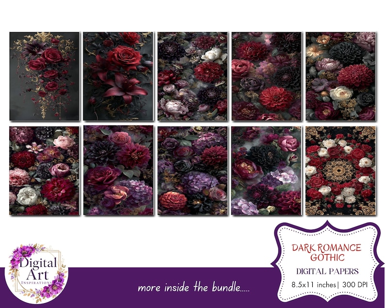 Gothic Digital Papers | Dark Romance PNG | Moody Floral Pattern | Dark ...