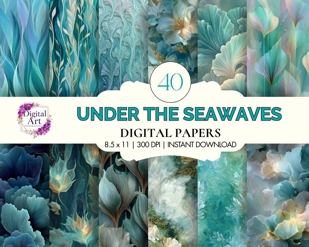 Under the Seawaves Digital Papers, Ocean Watercolor Backgrounds, Teal ...