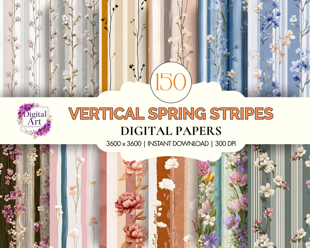 Spring Floral Digital Paper, Vertical Stripes Seamless Pattern for ...