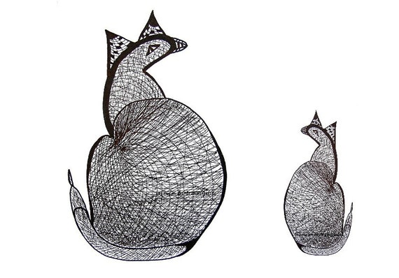 Catbird Elsie and Child Abstract Folk Art Drawing Black | Etsy