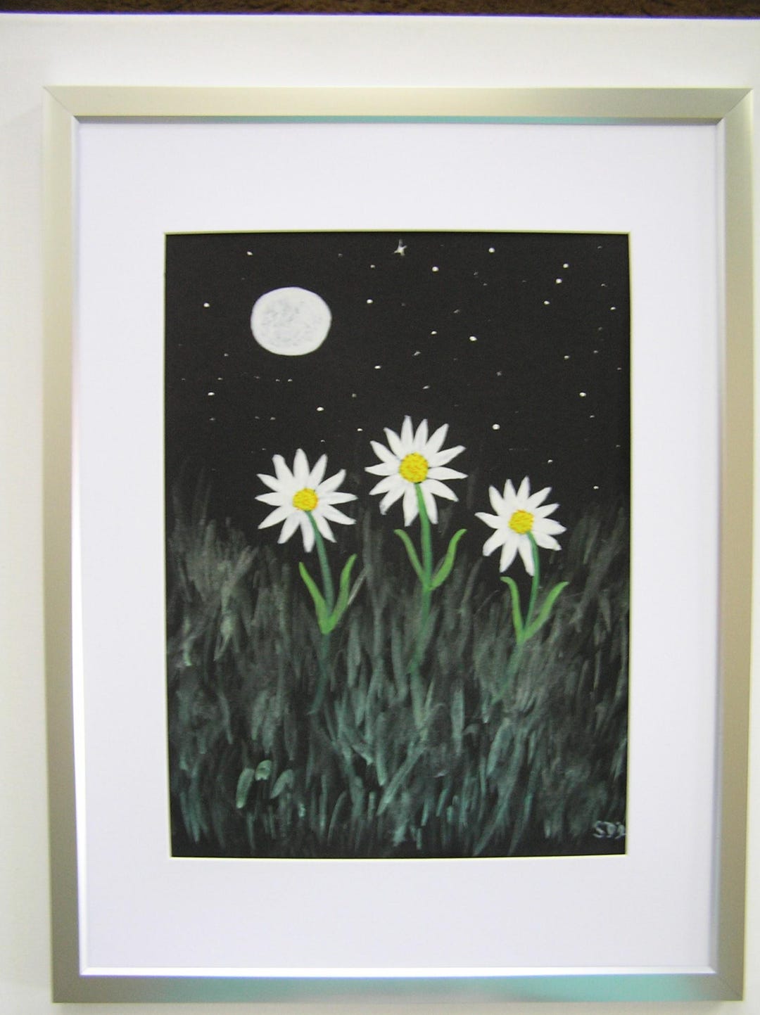Daisies in the Moonlight Original Watercolour, Night Scene Moon Daisies ...