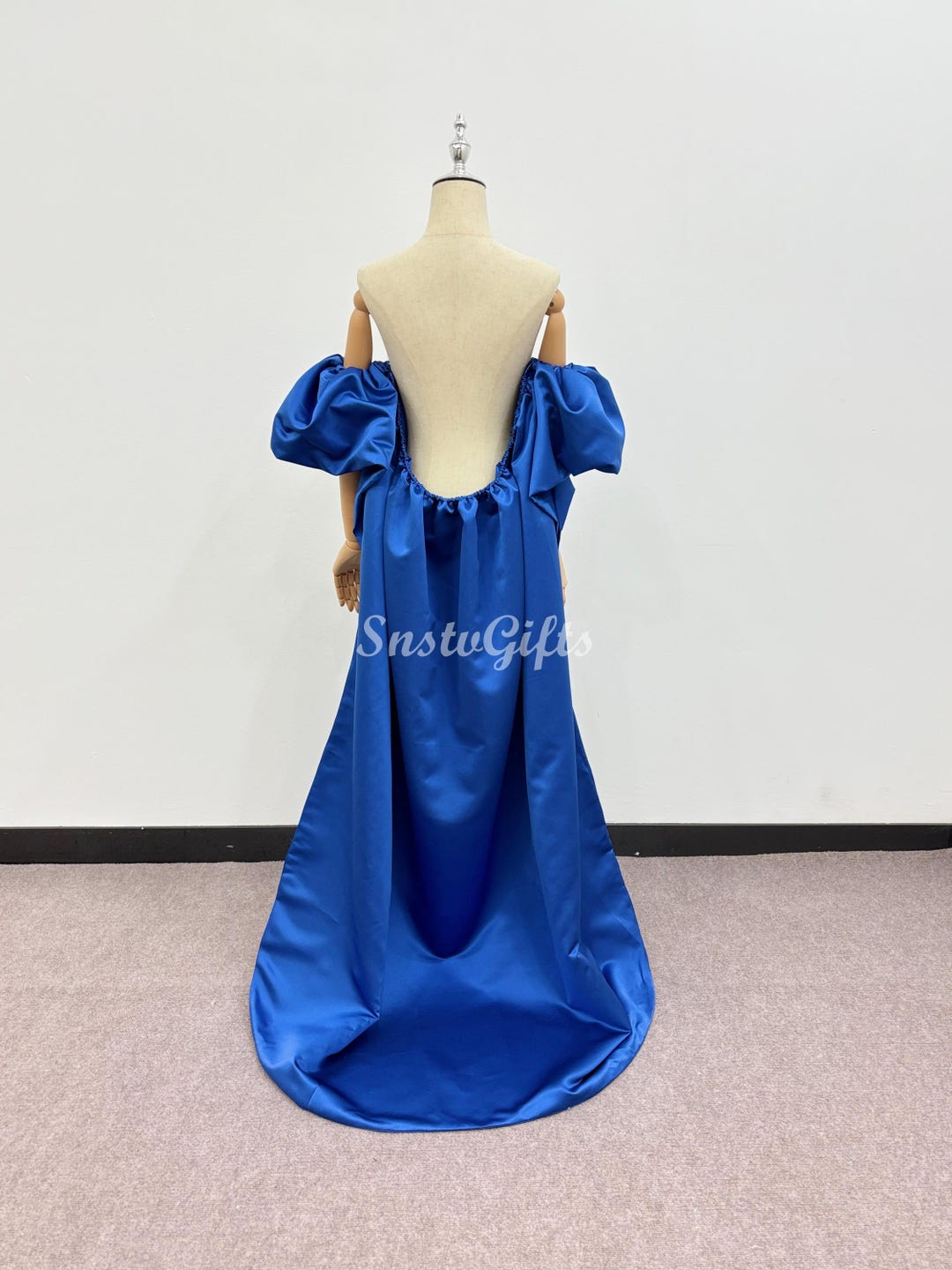 Royal Blue Satin Bridal Cape With Puff Sleeve, Minimalist Elegant ...
