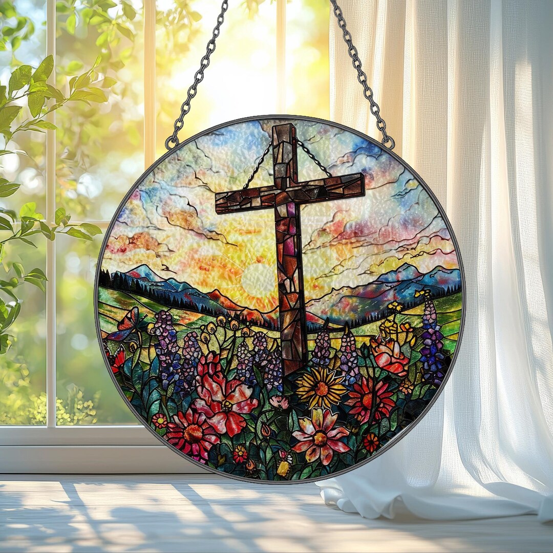Christian Cross Stained Glass Suncatcher | Floral Mountain Window ...