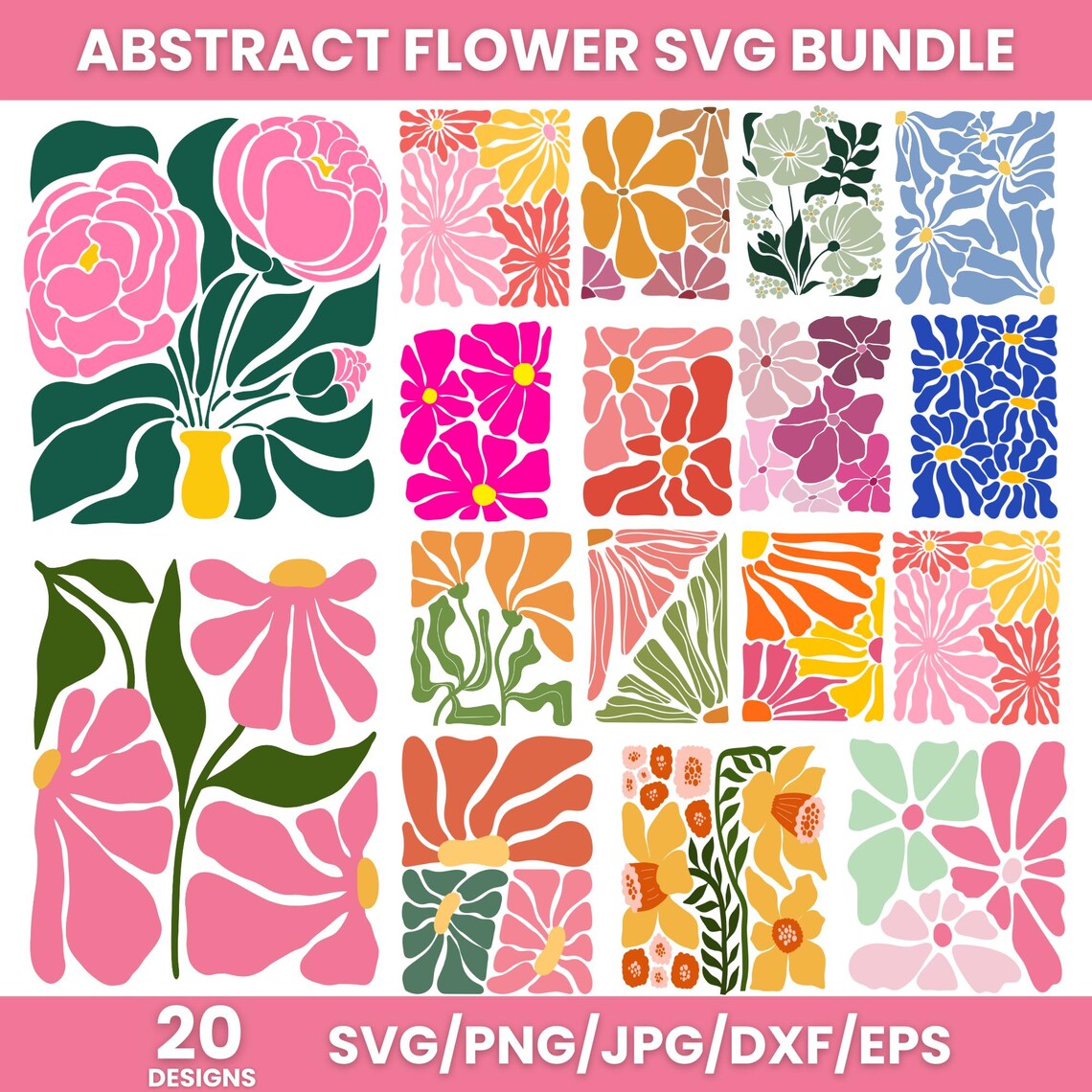 Abstract Flowers Svg Bundle, Danish Flower Svg, Retro Flower Svg, Boho ...