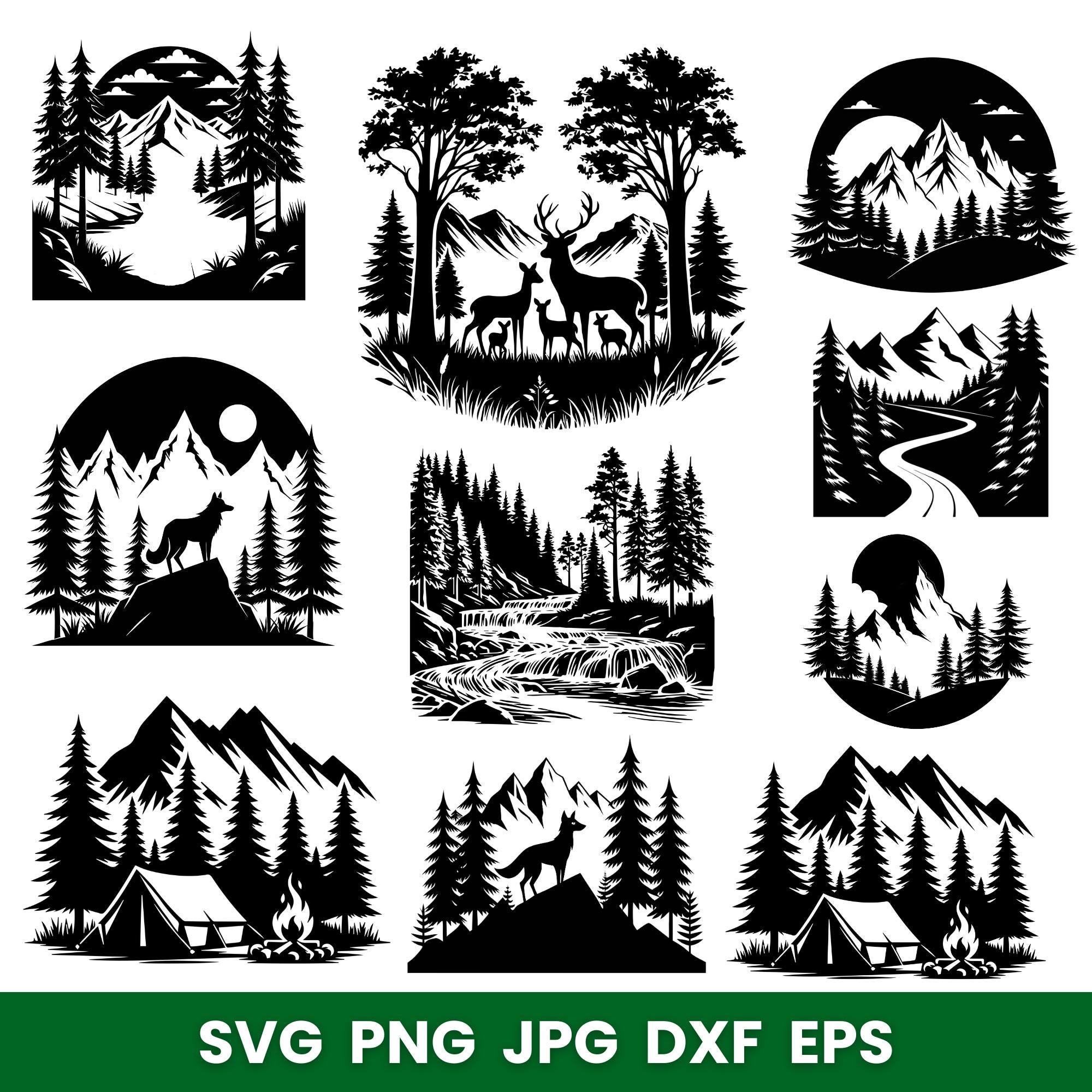 Forest Landscape SVG Bundle: Mountain Scene Vector Graphics (digital ...