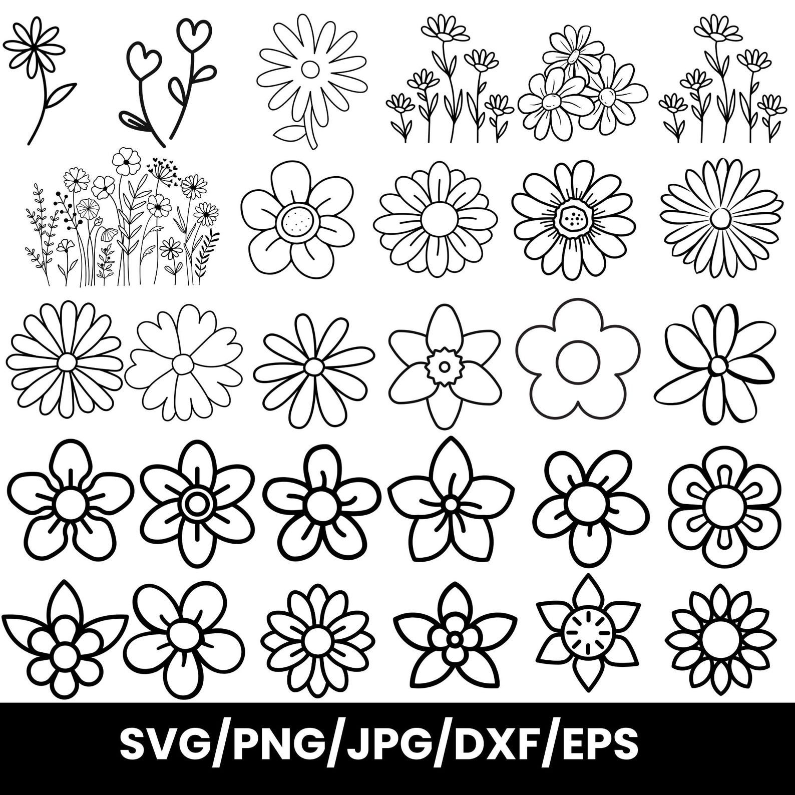 Daisy Flower Outline Svg Bundle Floral Clipart Digital Download Etsy