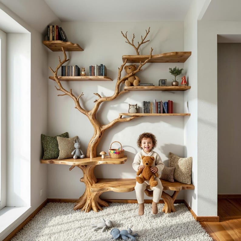 Tree Branch Shaped Bookshelf Hanging Wall Mount Floating Shelf Handmade ...