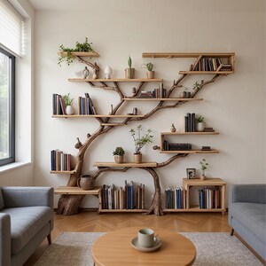 Tree Branch Book Shelf Solid Wood Bookcase Floor Bookshelf Wall Mounted ...