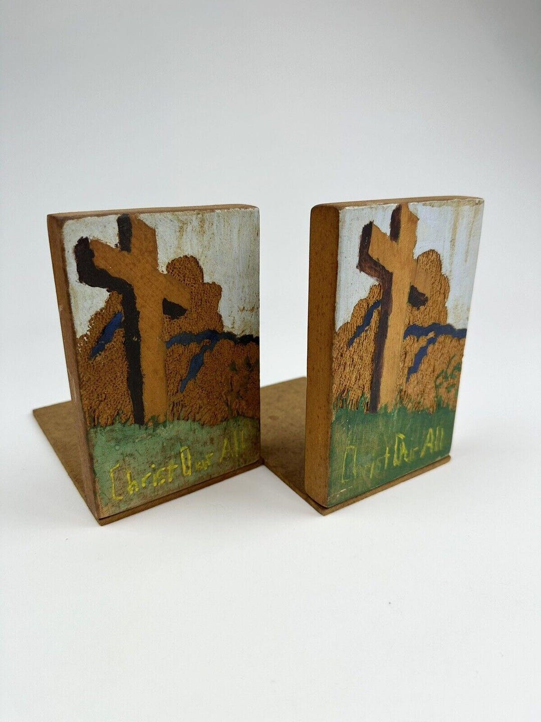 Vintage Handmade Folk Art Wood Cross Bookends Christian Decor - Etsy