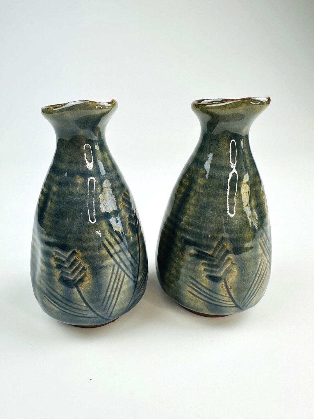 Vintage Pair of Small Green Pottery Pitchers Abstract Floral Sake ...