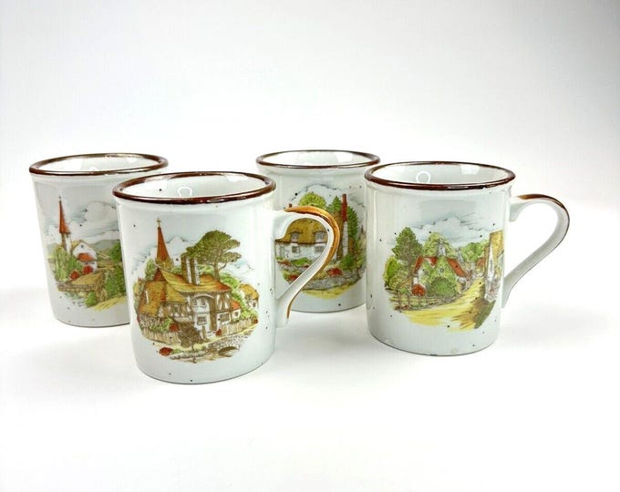 Vintage English Cottage Mugs Colorful Set of 4 Stoneware Ceramic Cups ...