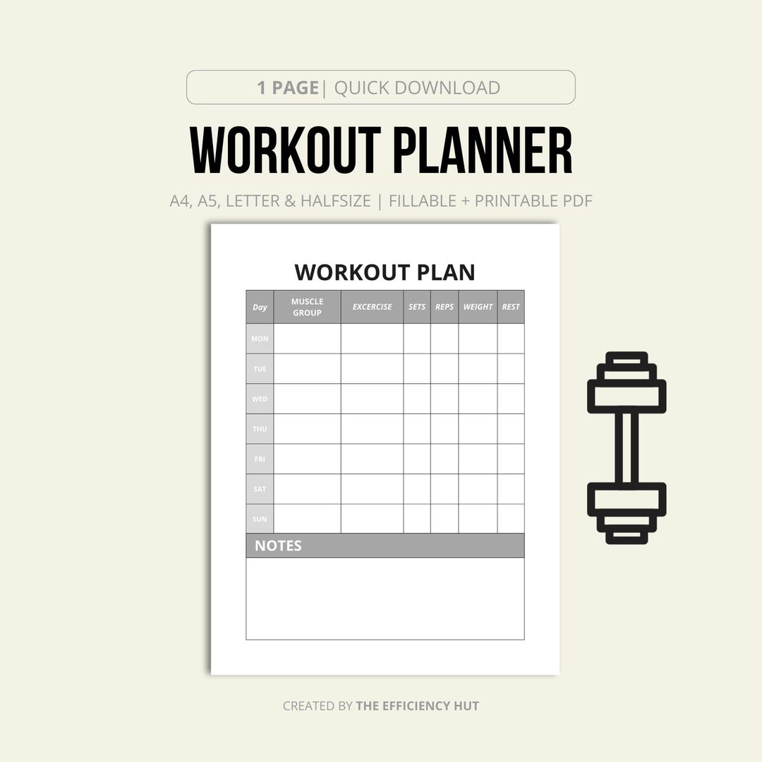 Workout Planner Printable & Fillable PDF, Exercise Log, Fitness Tracker ...