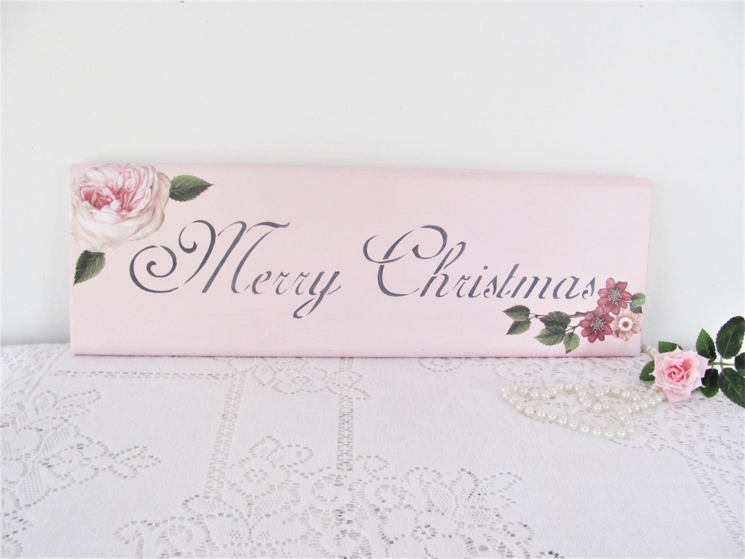 Pink Merry Christmas Sign, Pink Roses, Shabby Chic Wood Sign, Light ...