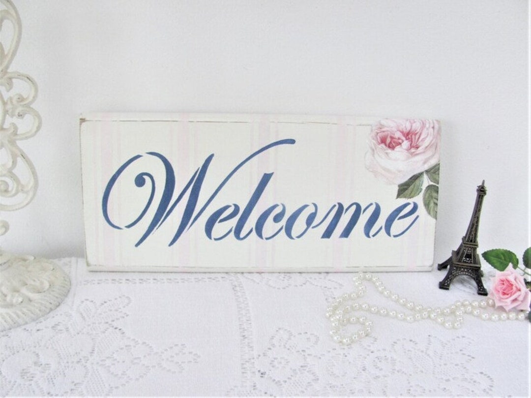 Rose Welcome Sign Painted Antique White and Pink - Etsy