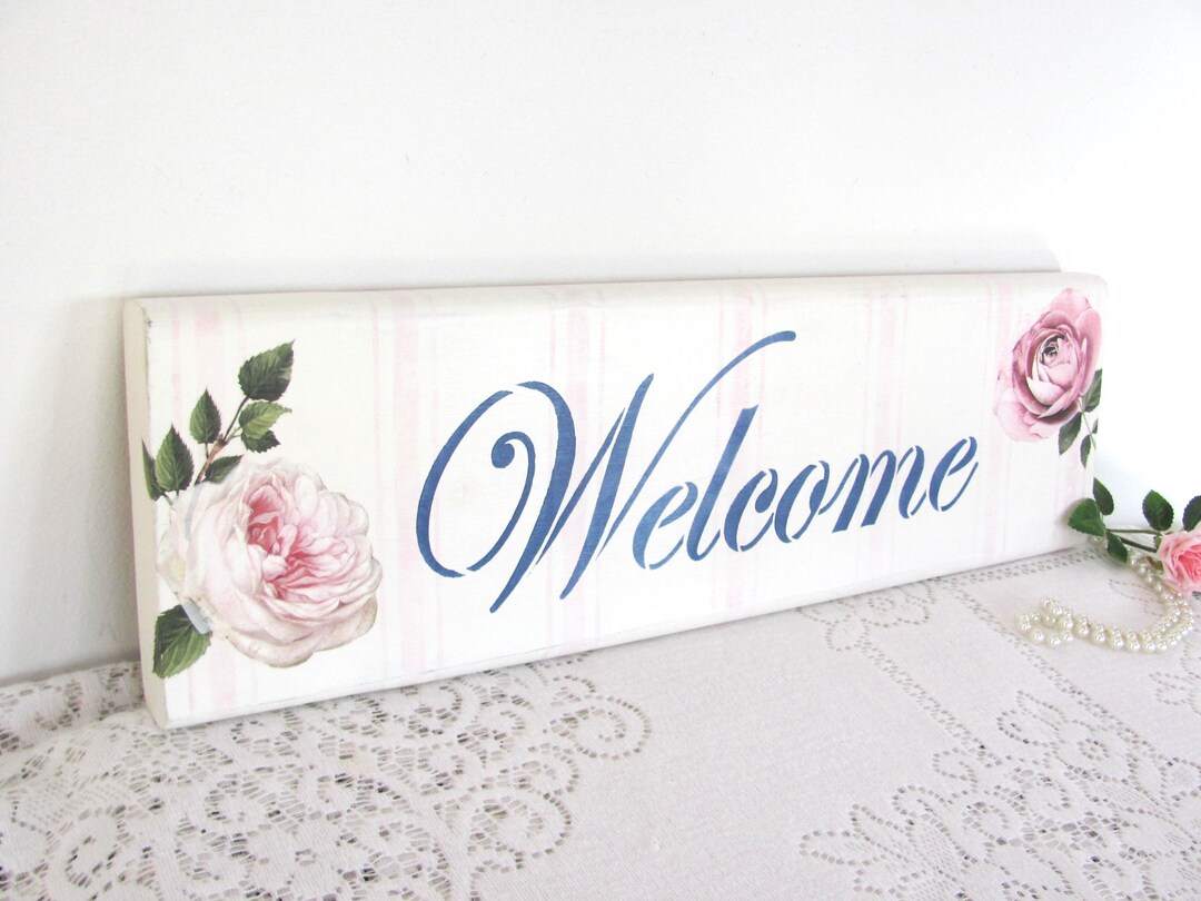 Large Rose Welcome Sign, Antique White and Pink Painted Wood Sign - Etsy