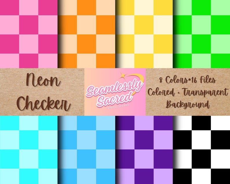 Neon Checker Pattern Bundle - 16 Seamless Files,, 300 DPI, Bright Pink ...