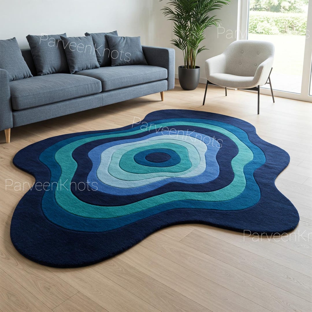 Amoeba Shape Hand-tufted Rug Statement Piece in Deep Ocean Blues - Etsy