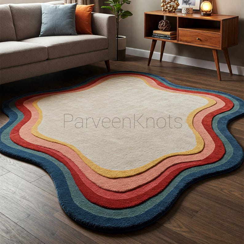 Hand-tufted Wool Rug: Retro Wave Design, Muted Rainbow Tones - Etsy