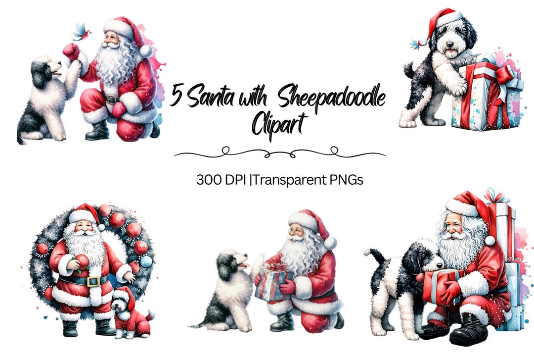 Santa & Sheepadoodle High-five Christmas Art – Festive Holiday Pet ...