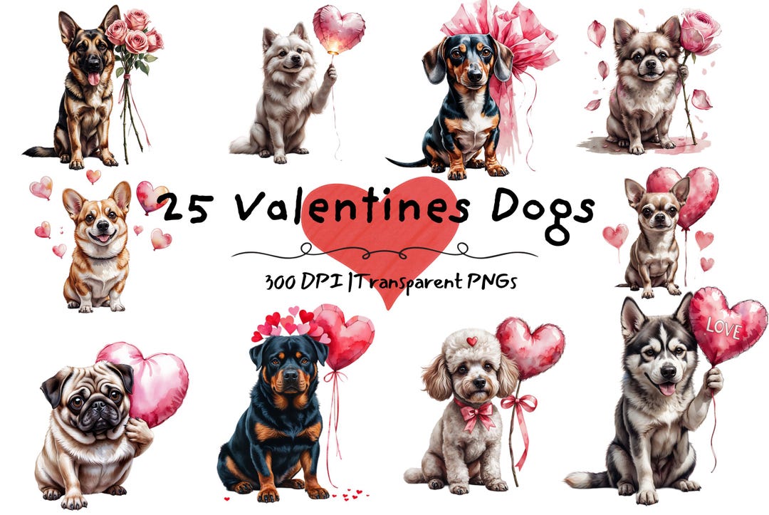 25 Valentine Dog Breeds Clipart Bundle | Whimsical Watercolor Pngs - Etsy
