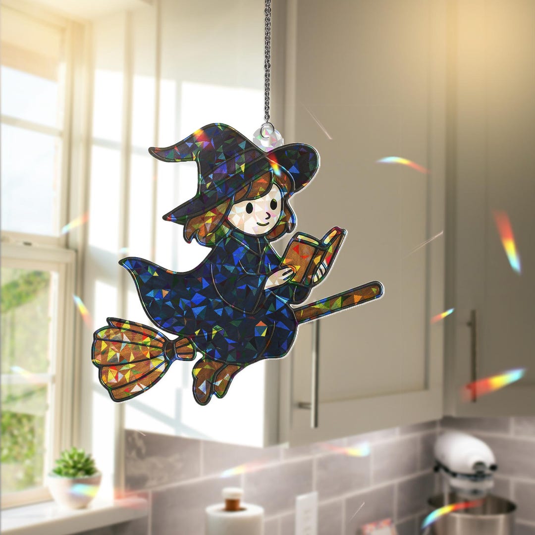 Cute Witch Acrylic Window Hanging, Halloween Suncatcher on Broomstick ...