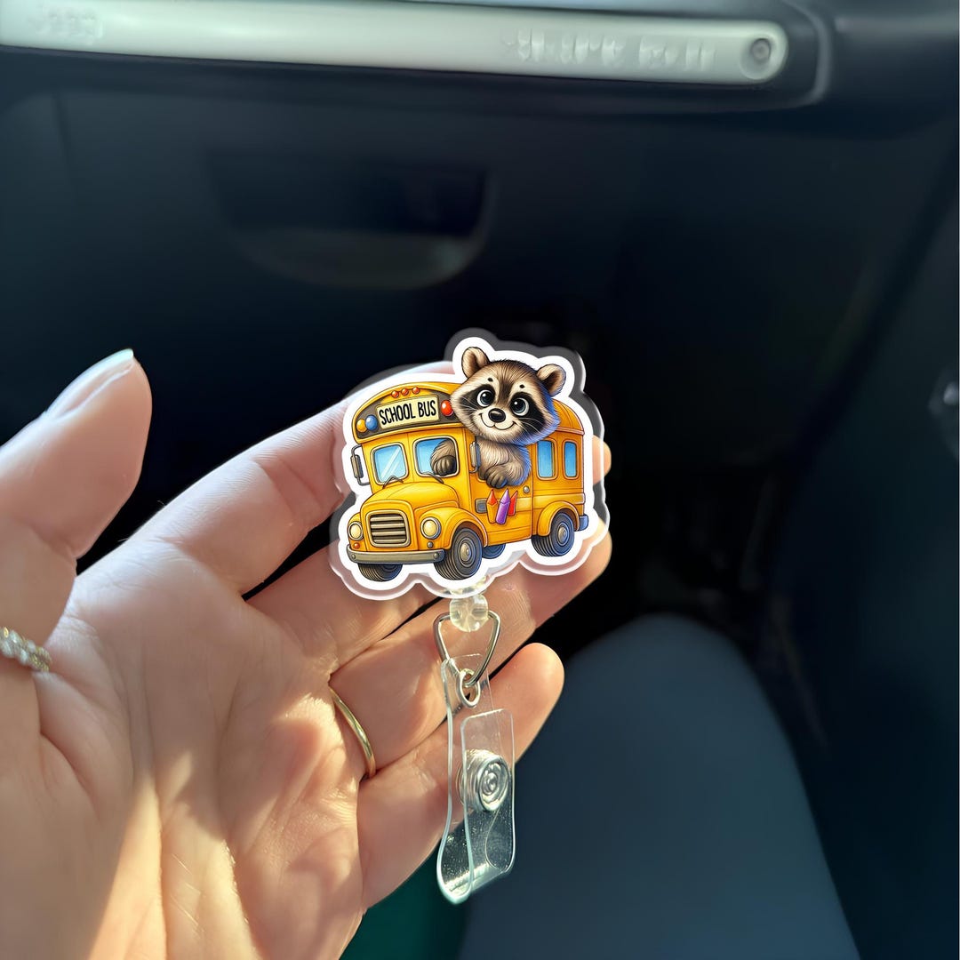 Raccoon School Bus Badge Reel, Cute Teacher ID Holder, Animal Bus Clip ...