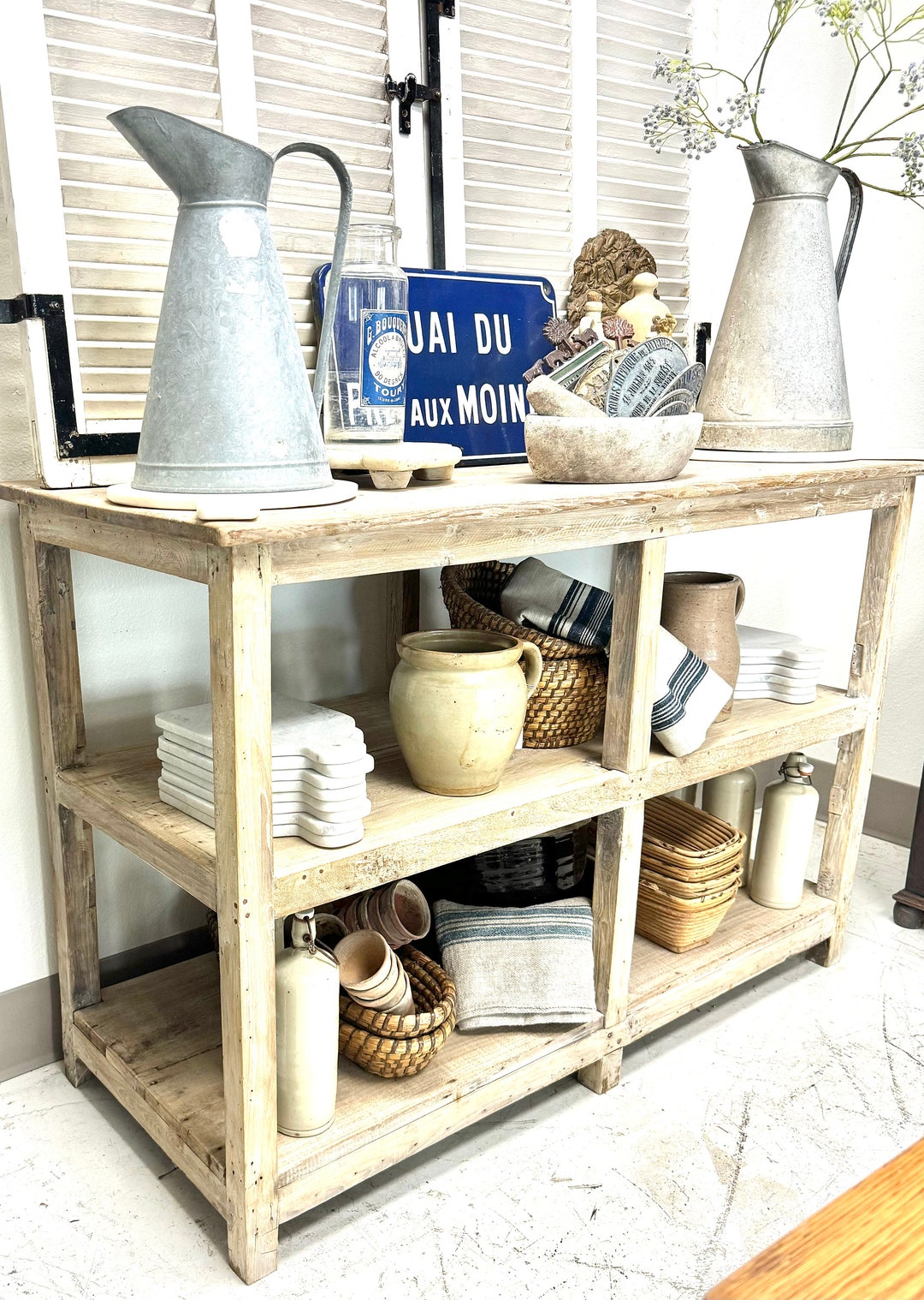 Vintage French Shop Counter or Island, Limed Wood, Bottom Shelf ...