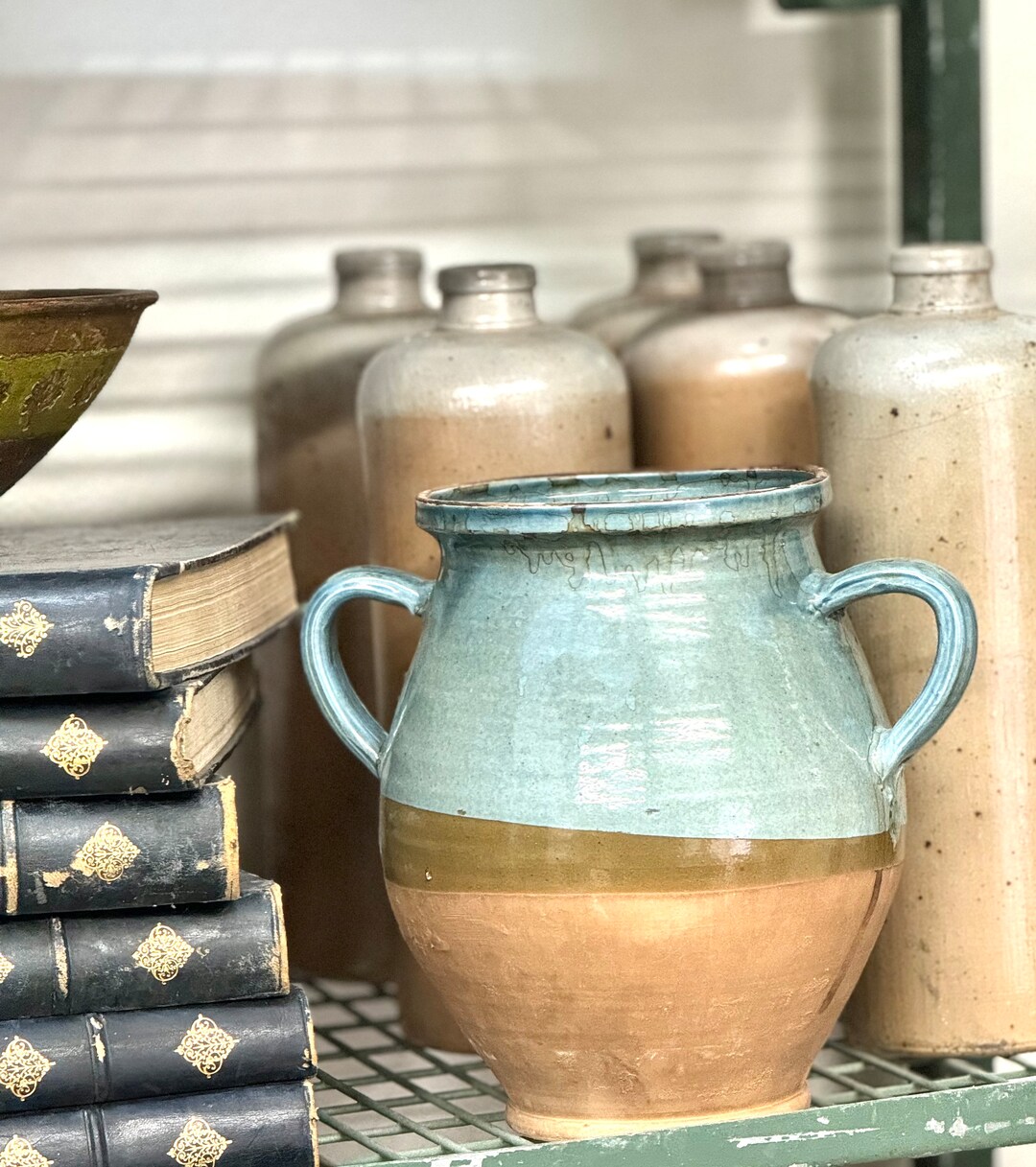 Glazed Pottery Vase, Two Handle Vessel, Belgium Decor, Blue, Beige, - Etsy