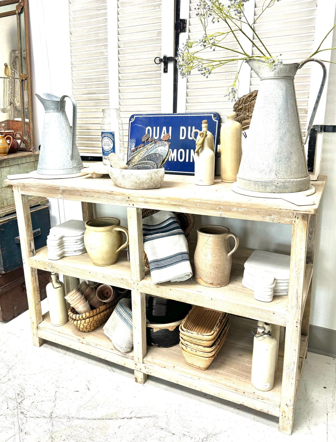 Vintage French Shop Counter or Island, Limed Wood, Bottom Shelf ...