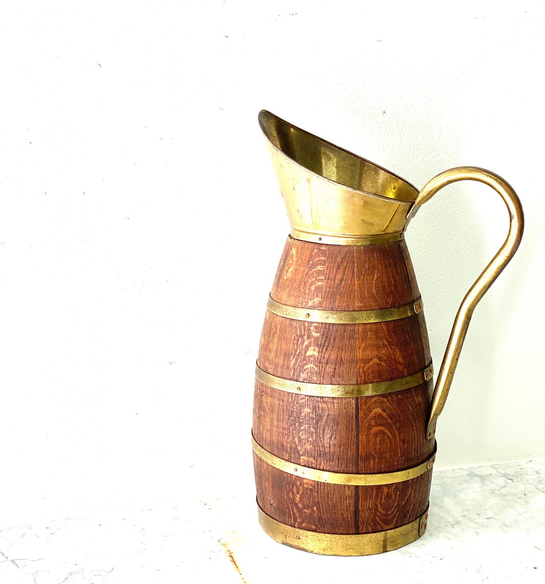 Vintage XL Wood and Brass Handmade Pitcher - Etsy