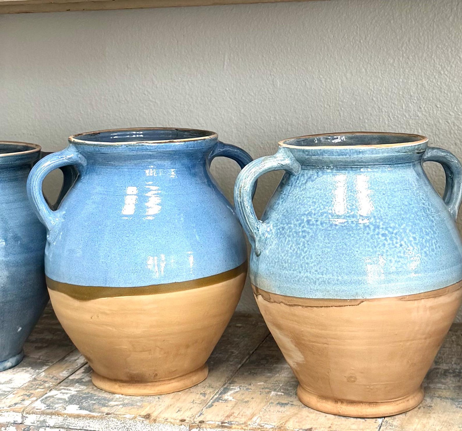 Glazed Pottery Vase, Two Handle Vessel, Belgium Decor, Blue, Beige, - Etsy