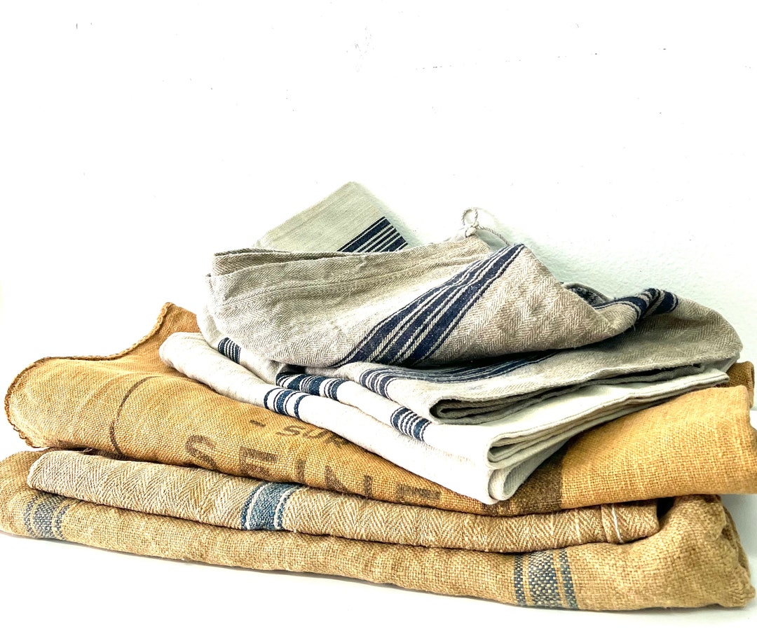 Vintage French Grain Sacks, Blue and White Grain Sack, Navy Blue and ...