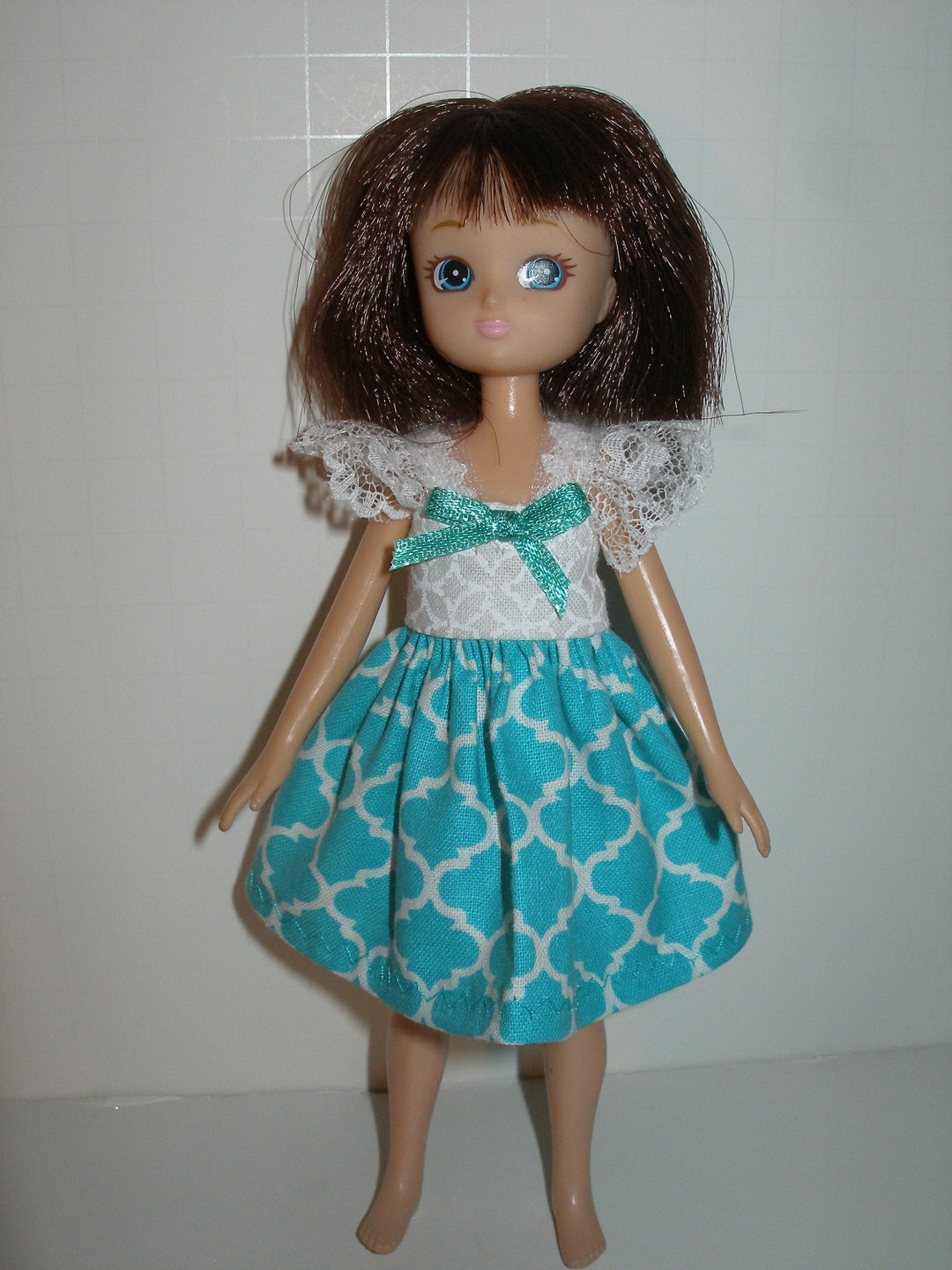 Handmade 7" Doll Clothes for Lottie or Tutti - Aqua and White Print ...