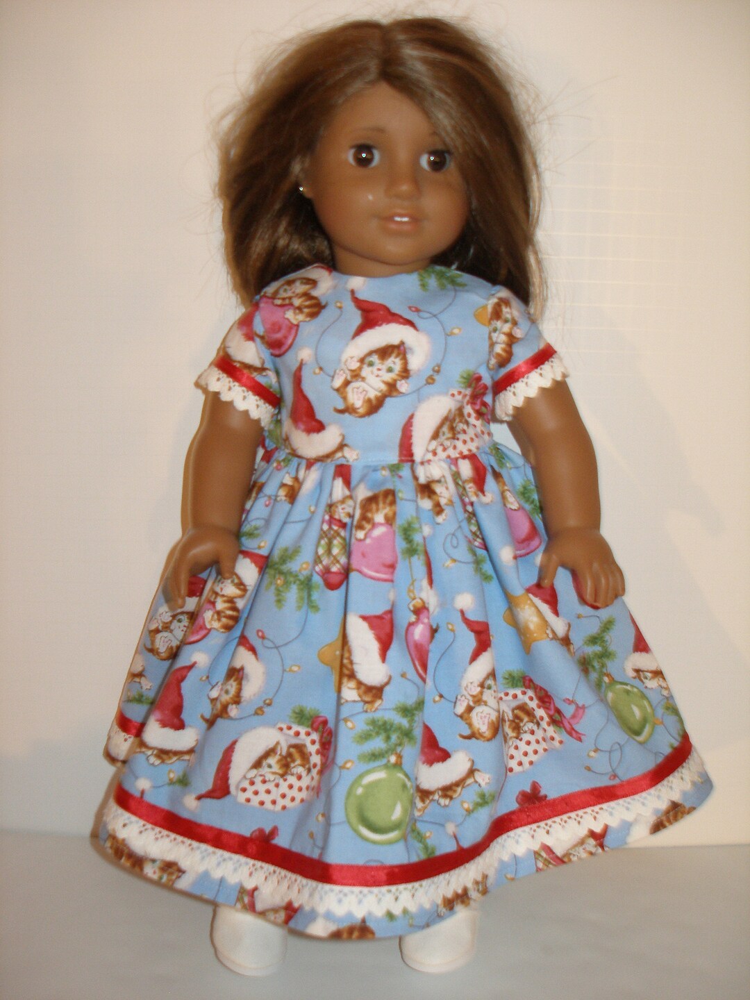 Handmade Dress for 18 Inch Doll Clothes - Blue Santa Hats Kittens Print ...