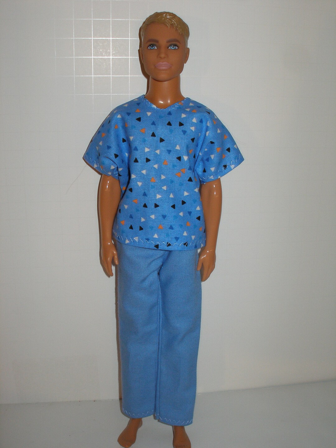Handmade 12" Male Fashion Doll Clothes - Blue Print Top With Blue Pants ...
