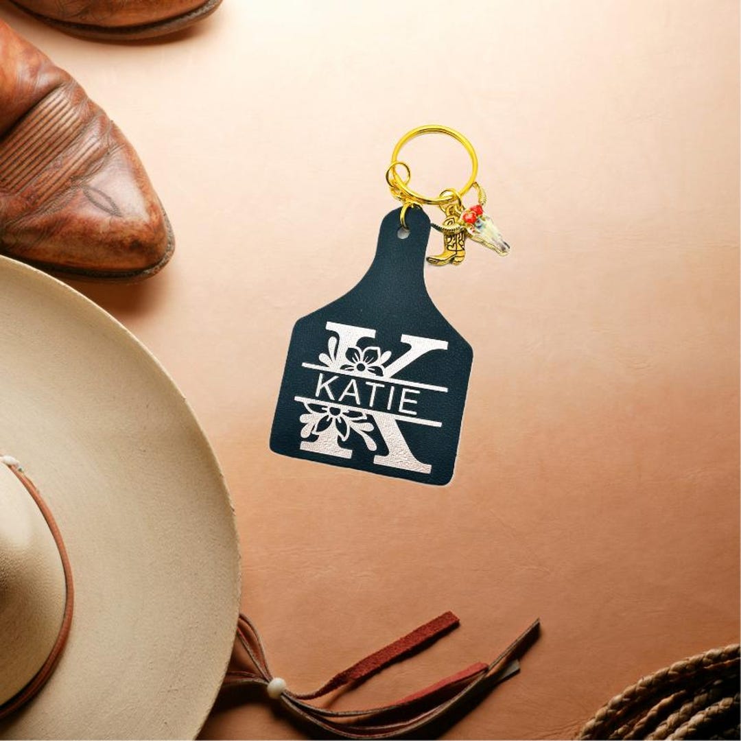 Personalized Leather Cow Ear Tag Keychain With Charms - Etsy Australia