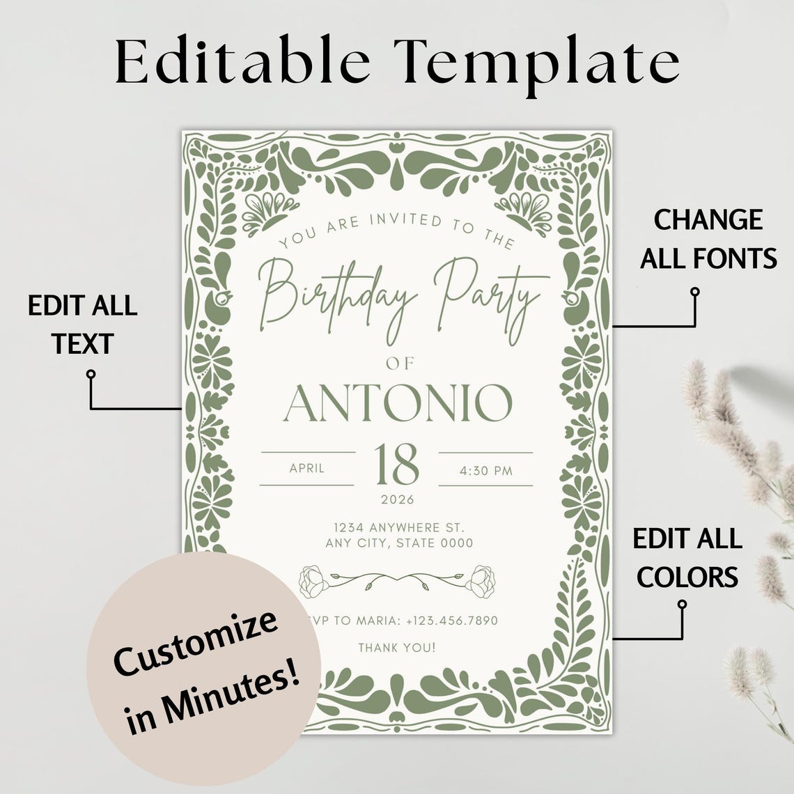 Green Talavera Bilingual Birthday Invitation, Digital Editable ...