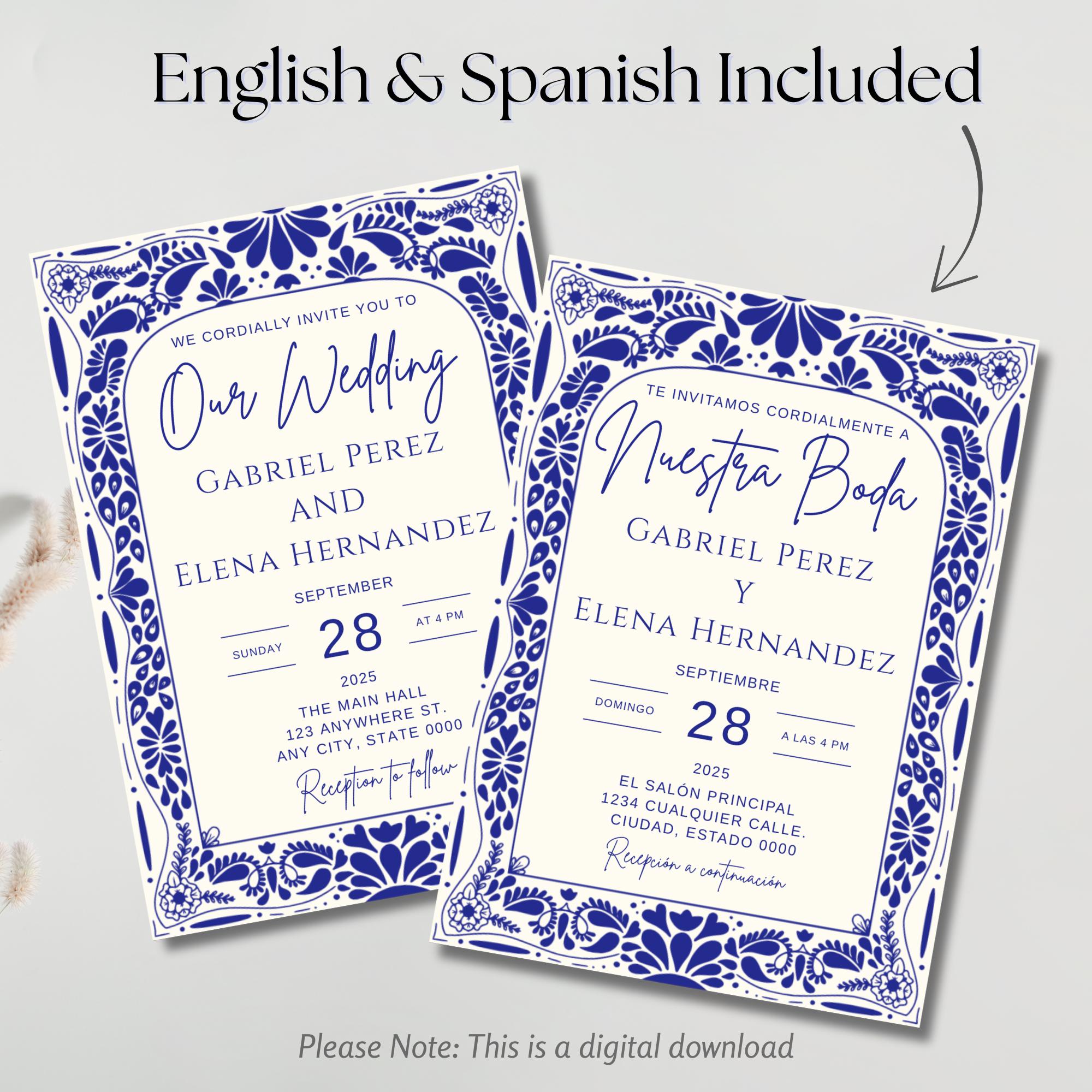 Blue Talavera Bilingual Wedding Invitation, Digital Editable Printable ...