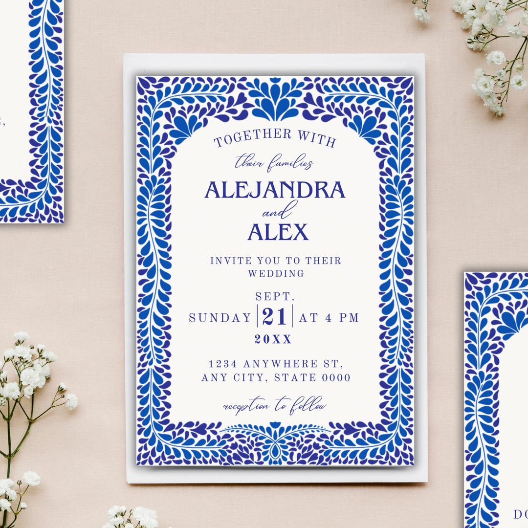 Blue Talavera Wedding Invitation Template: Bilingual Printable (canva ...