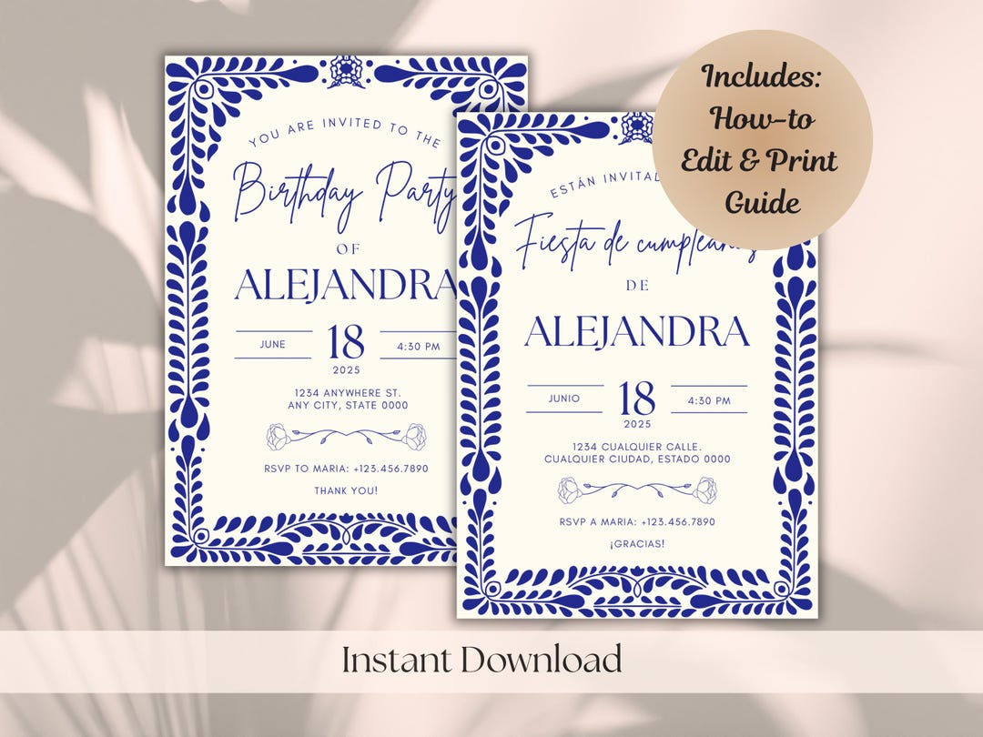 Blue Talavera Birthday Invitation: Bilingual English Spanish, Editable ...
