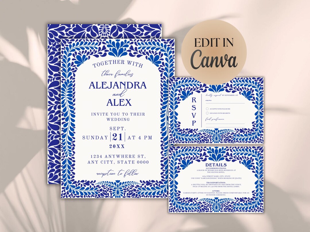 Blue Talavera Wedding Invitation Bundle: Hand-drawn Mexican Invite ...